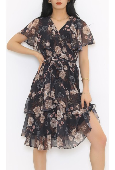 Bigwos Fırfırlı Şifon Elbise Siyahçiçekli - 5120.1322. Bigwos Fırfırlı Şifon Elbise Siyahçiçekli - 5120.1322.