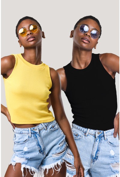 Catspy Kadın Halter Yaka Fitilli 2'li Paket Crop Bluz Catspy Kadın Halter Yaka Fitilli 2'li Paket Crop Bluz