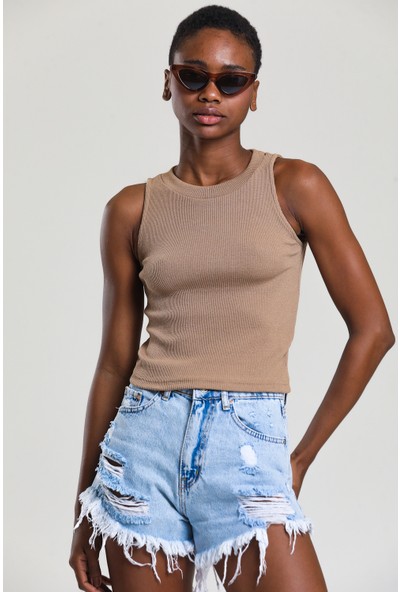 Kadın Halter Yaka Fitilli Crop Bluz Kadın Halter Yaka Fitilli Crop Bluz