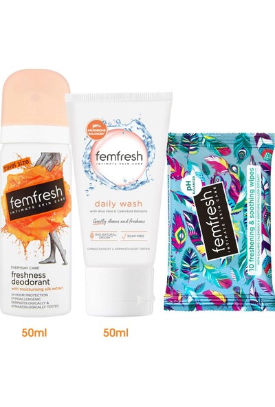Femfresh Genital Bölge Deodorantı Seyahat Boy 50ML + Günlük Yıkama Jeli Seyahat Boy 50ML + 10'lu Islak Mendili Femfresh Genital Bölge Deodorantı Seyahat Boy 50ML + Günlük Yıkama Jeli Seyahat Boy 50ML + 10'lu Islak Mendili