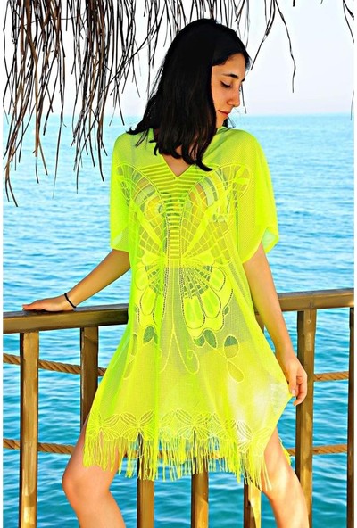 İstisna Neon Yeşil Kelebek Desenli Yırtmaçlı Püsküllü Tül Transparan Hızlı Kuruyan Yaz Elbisesi Pareo