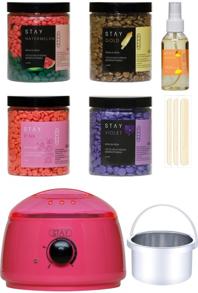 Stay Soyulabilen Boncuk Ağda Seti 4 Kutu Renkli Bezsiz Ağda + 800ml Ağda Makinesi + Masaj Yağı + Steril Spatula Stay Soyulabilen Boncuk Ağda Seti 4 Kutu Renkli Bezsiz Ağda + 800ml Ağda Makinesi + Masaj Yağı + Steril Spatula
