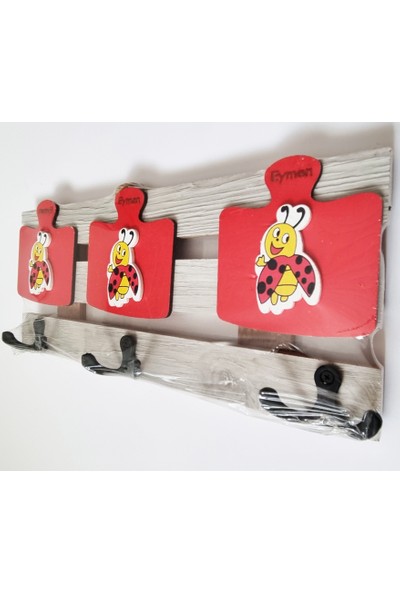 Modellino Ahşap El Yapımı 3 Çift Askılı Uğur Böceği Dekorlu Duvar Askısı