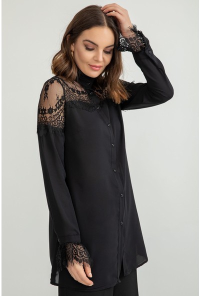 Lovanorve Jesica Kumaş Fırfırlı Yaka Omuzları Kolları Dantelli Kadın Tunik