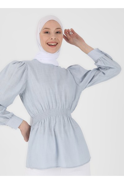 Refka Keten Görünümlü Beli Gipeli Bluz - Sky Blue - Refka Casual Refka Keten Görünümlü Beli Gipeli Bluz - Sky Blue - Refka Casual