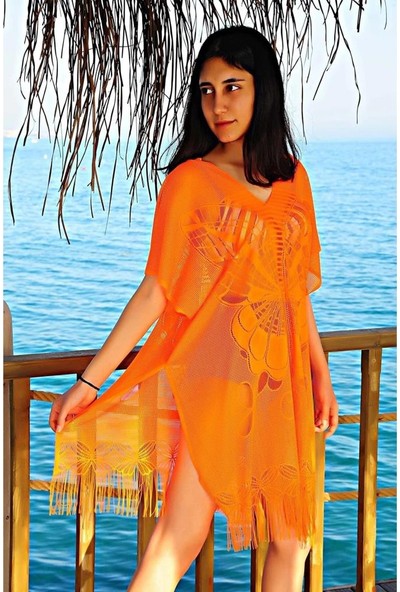 İstisna Neon Turuncu Kelebek Desenli Yırtmaçlı Püsküllü Tül Transparan Hızlı Kuruyan Yaz Elbisesi Pareo İstisna Neon Turuncu Kelebek Desenli Yırtmaçlı Püsküllü Tül Transparan Hızlı Kuruyan Yaz Elbisesi Pareo