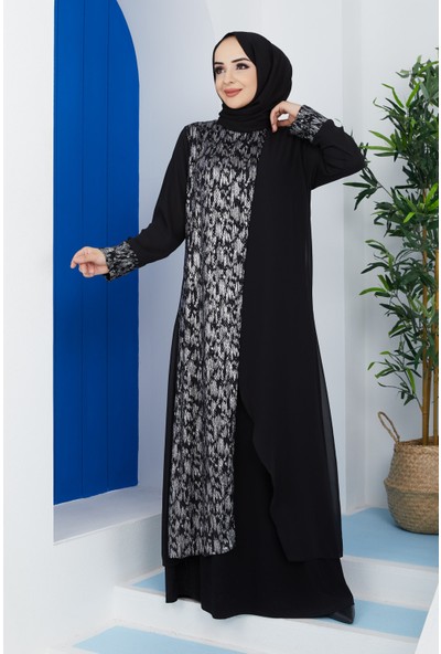 İmaj Butik Büyük Beden Desenli Pelerinli Abiye/Gri