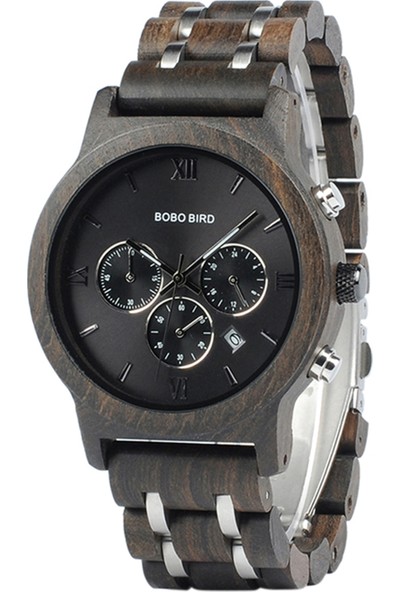 Ahşap ve Metal Kayışlı Erkek Ahşap Saat Kuvars Kol Saati Kronograf Tarih Ekranı