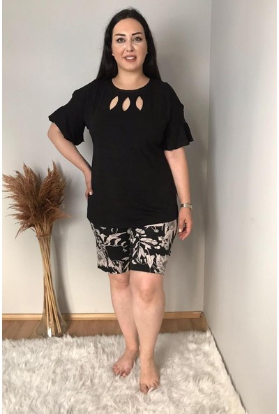 Kadın Büyük Beden Kol ve Yaka Kısmı Pencere Detaylı Şortlu TAKIMPS7871