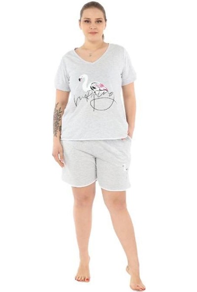 Kadın Büyük Beden Flamingo Baskılı Gri Şortlu Pijama Takımı PS391