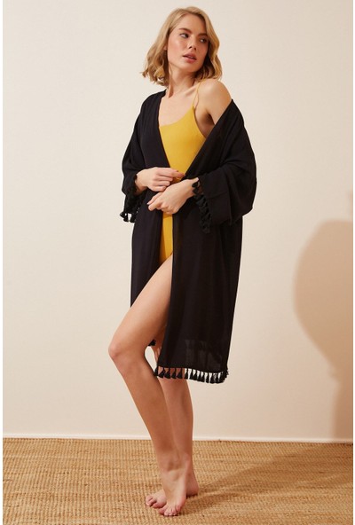 Hazelin Kadın Siyah Püsküllü Midi Kimono HZL22S-BD158331