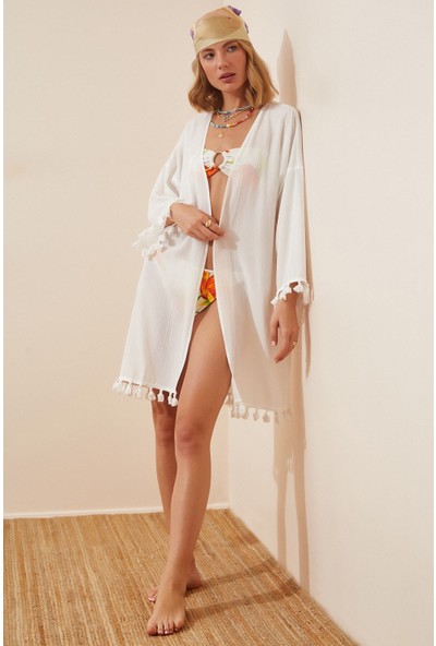 Hazelin Kadın Beyaz Püsküllü Midi Kimono HZL22S-BD158331