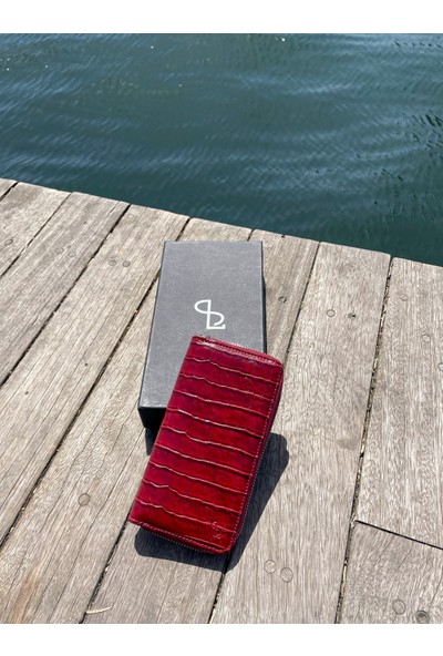 Unisex Bordo Kroko Deri Fermuarlı Cüzdan