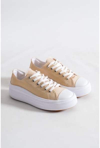 By Tiryaki Kadın Bej Keten Günlük Spor Düz Taban Bağcıklı Sneaker By Tiryaki Kadın Bej Keten Günlük Spor Düz Taban Bağcıklı Sneaker