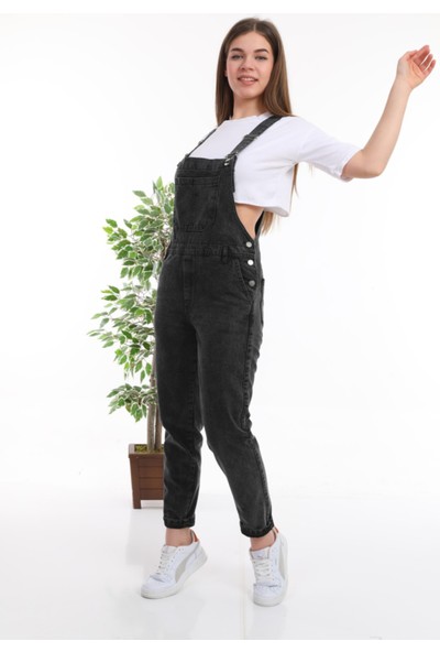 Çeçim Siyah Kadın Denim Bahçıvan Salopet Tulum ZYN-58156