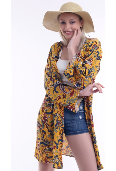 Çeçim Beyaz Kadın Desenli Geniş Kol Viskon Kimono ZYN-58043