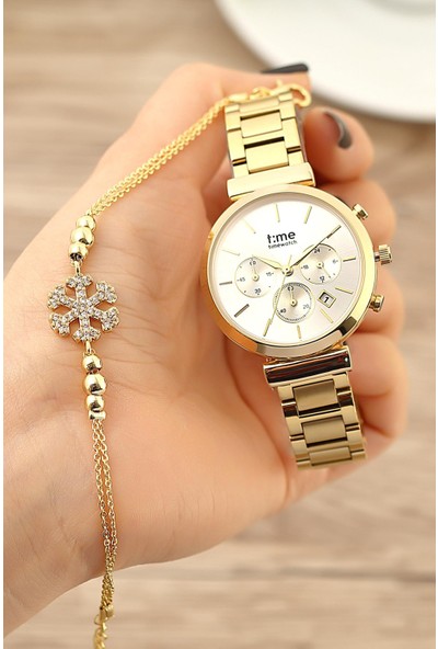 Time Watch Kadın Fonksiyonel Kol Saati ve Kar Tanesi Bileklik (Hediyeli) TW.178.4