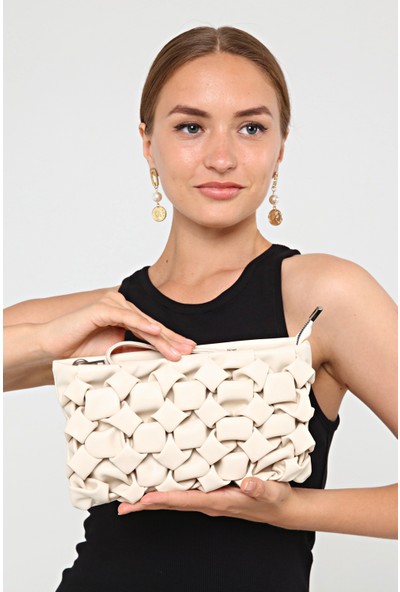 Morpelikan Krem Örgü Detaylı El Portföy Kadın Çarpraz Çantası