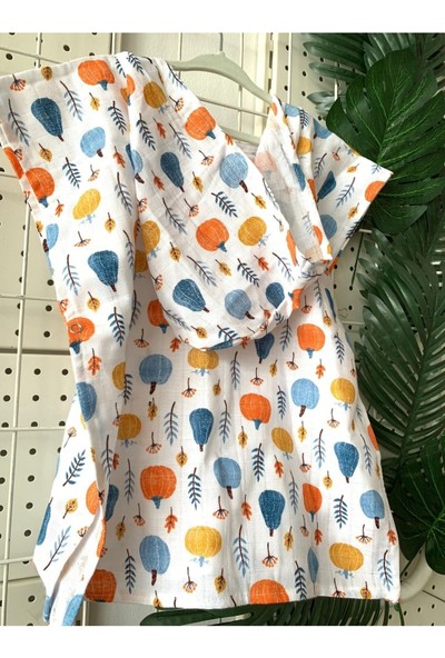 M.M Beba Organik Müslin Balkabağı Desenli Kapuşonlu Deniz Panço