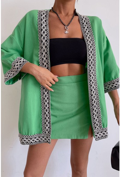 MyLove Zikzak Desenli Keten Kimono Yeşil MyLove Zikzak Desenli Keten Kimono Yeşil