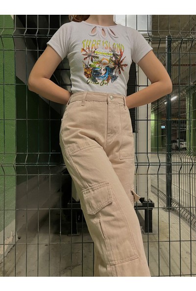 Y2K Krem Kargo Pantolon