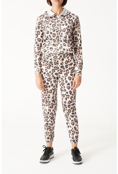 Mdz Collectıon Beyaz Leopar Desenli Eşofman Takımı Saten Kumaş