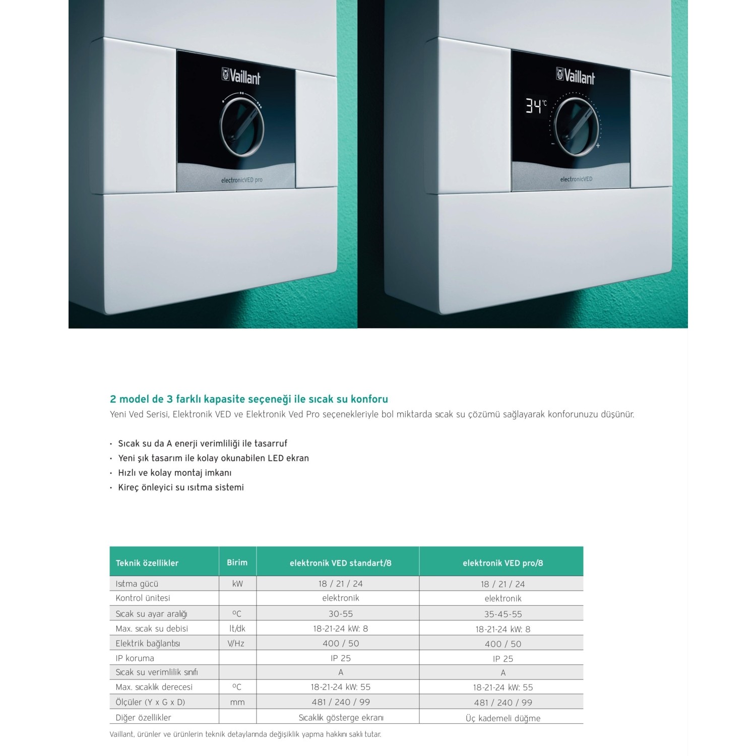 Vaillant Ved Pro 21/8 Elektrikli Ani Su Isıtıcısı - Şofben Fiyatı