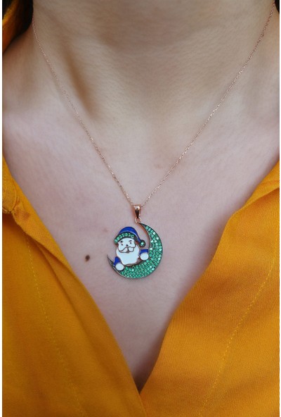 Exist Silver 925 Ayar Gümüş Peridot Taşlı Noel Baba Figürlü Rose Kolye