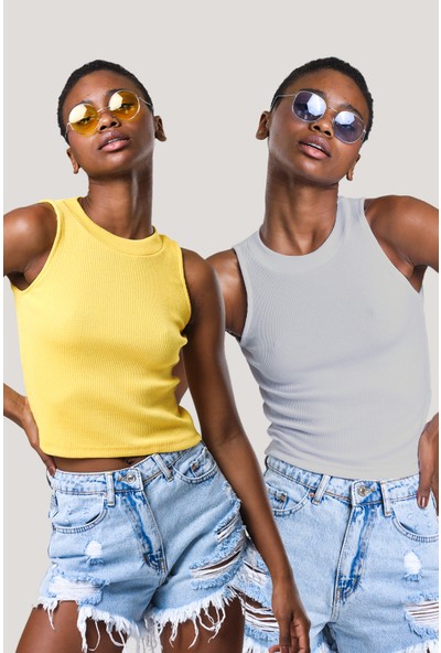 Catspy Kadın Halter Yaka Fitilli 2'li Paket Crop Bluz Catspy Kadın Halter Yaka Fitilli 2'li Paket Crop Bluz