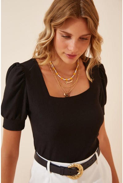 Hazelin Kadın Siyah Kare Yaka Örme Bluz HZL22W-BD104091