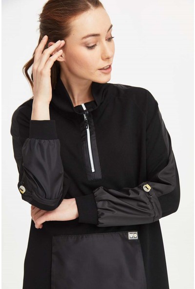 Nisaca Krep Paraşüt Kumaş Garnili Tesettür Tunik|kyr Siyah