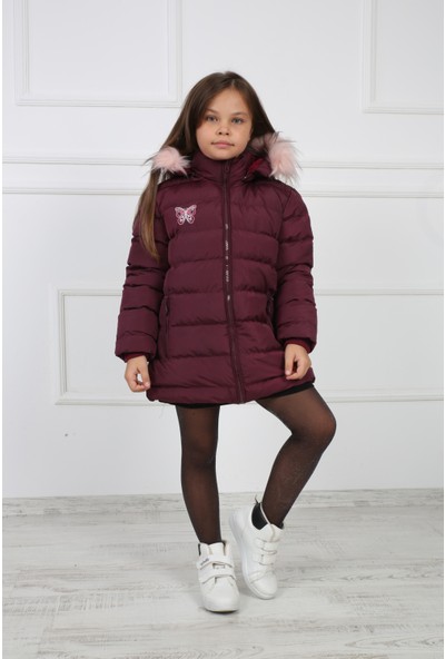 Buket Tekstil Mor Kız Çocuk Kelebek Desenli Peluşlu Kapüşonlu Şişme Kaban Mont