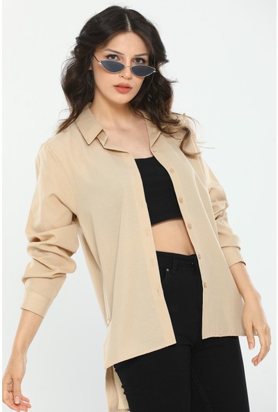 Bej Kadın Yan Detaylı Salaş Spor Gömlek P-040443