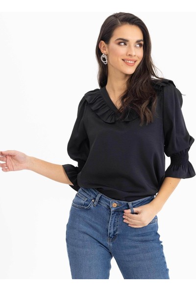 Yeni Seçil Yakası Fırfırlı Bluz - Siyah