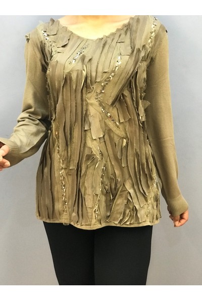 Perlina Kadın Karışık Kumaş Desenli Taş Işleme Detaylı Bluz