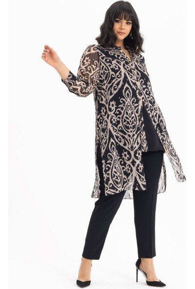 Yeni Seçil Büyük Beden Etnik Desenli Şifon Gömlek - Vizon