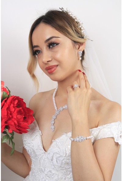 BIRINCI1926 925 Ayar Gümüş Kadın Damla Taşlı Inci Set