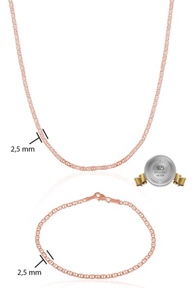 925 Ayar Gümüş Rose Kaplama Barlı Zincir Kolye Bileklik Set VES8506R55