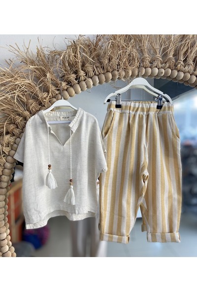 Catz Kids Carrot Pantolon Sarı Beyaz Kalın Çizgili Keten + Krem Keten Ipli Gömlek Catz Kids Carrot Pantolon Sarı Beyaz Kalın Çizgili Keten + Krem Keten Ipli Gömlek