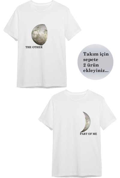 Özel Tasarım, Bisiklet Yaka, Pamuklu, Kısa Kollu,beyaz T-Shirt:''moon Couple''