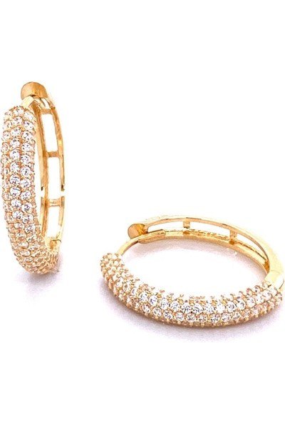 Altın Köşe Üç Sıra Swarovski Taşlı Halka Altın Küpe 14 Ayar