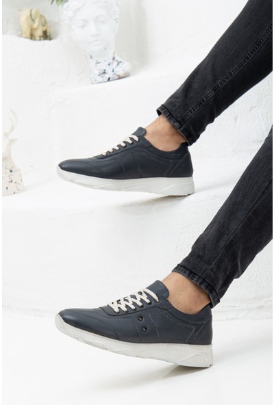 Erkek Hakiki Deri Sneakers Ayakkabı Gri Beyaz Taban Spor Ayakkabı