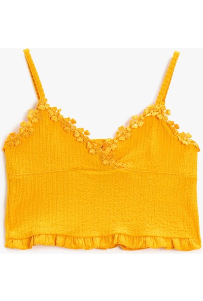 Koton Dokulu Askılı Crop Üst Fırfırlı Çiçek Kupür Detaylı