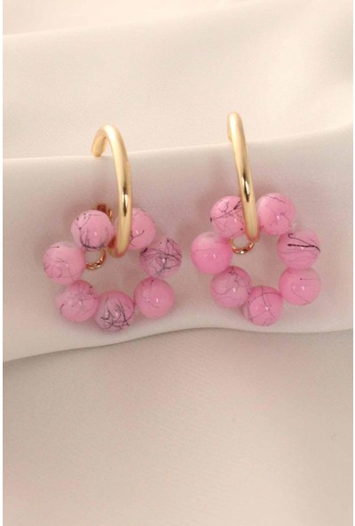 Family Store Pembe Renk Boncuk Gold Renk Halka Kadın Küpe Family Store Pembe Renk Boncuk Gold Renk Halka Kadın Küpe