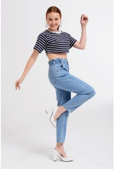 Nefise Beli Lastikli Boyfriend Kot Pantolon Buz Mavi