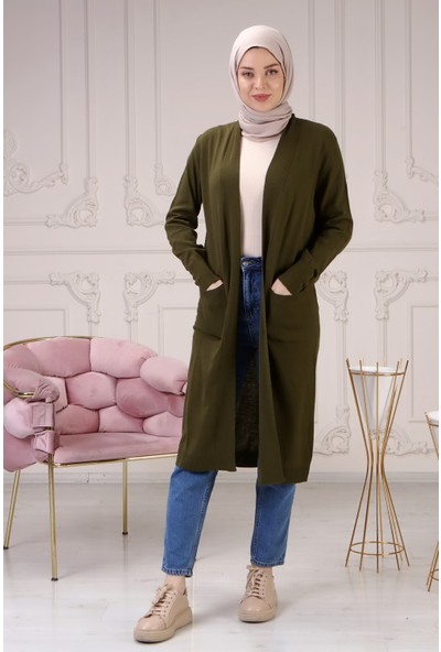 İlmek Kadın Düz Çift Cepli Triko Uzun Tesettür Hırka - 4294 İlmek Kadın Düz Çift Cepli Triko Uzun Tesettür Hırka - 4294