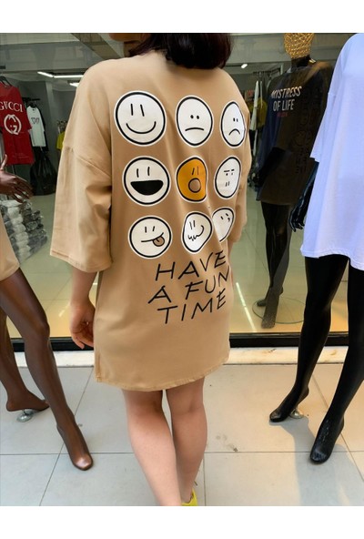 Hn Tekstil Hn Collection Emoji Baskılı Oversize T-Shirt - Bej