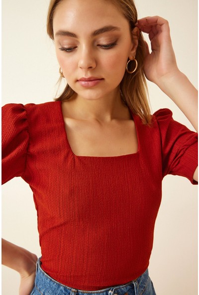 Kadın Kiremit Kare Yaka Balon Kollu Örme Bluz Kadın Kiremit Kare Yaka Balon Kollu Örme Bluz