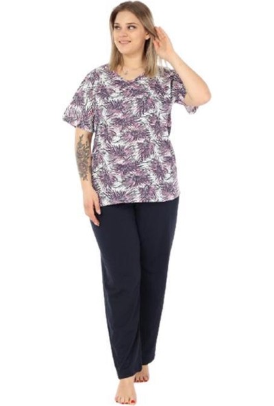 Kadın Büyük Beden Çicek Desenli V Yaka Pijama Takımı PS581