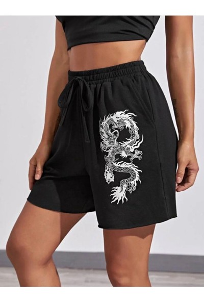 Afro Giyim Siyah Penye Şort Ejder Baskılı